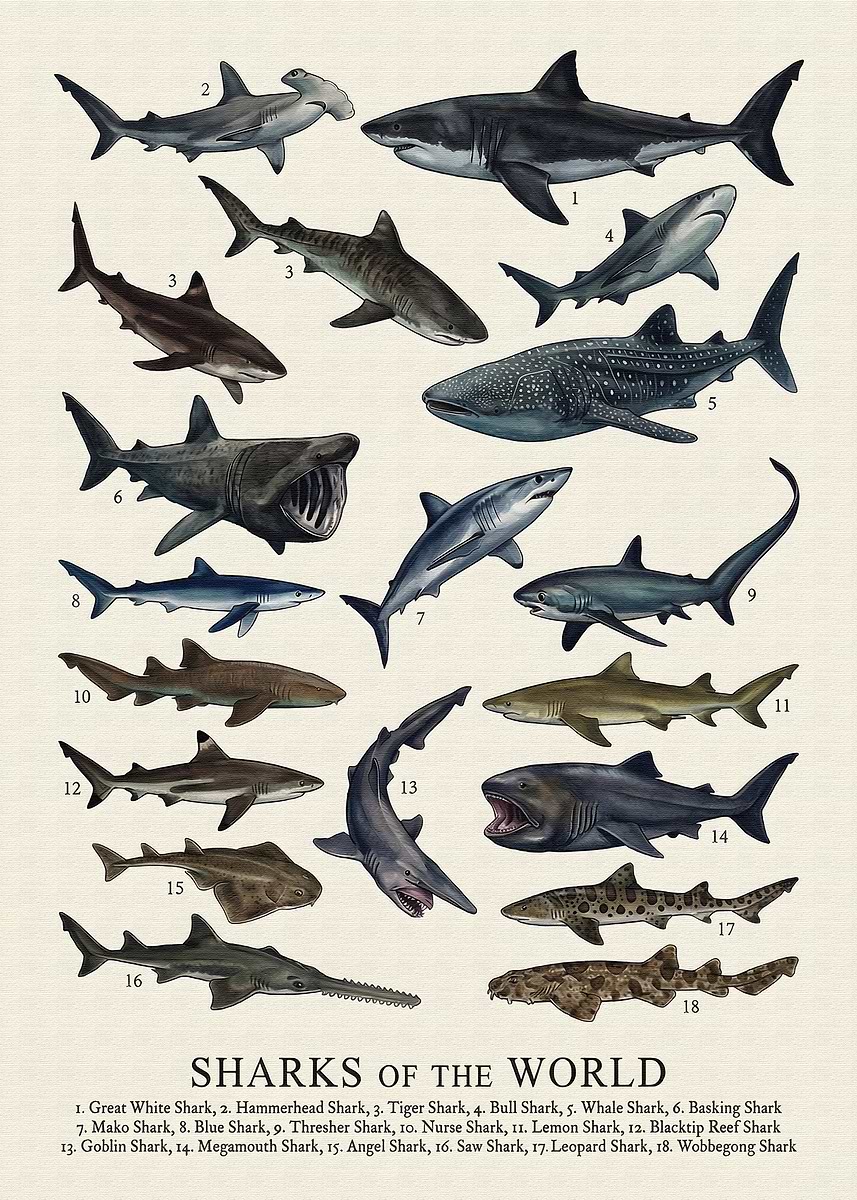 'Sharks of the World Illustration' Poster, picture, metal print, paint ...
