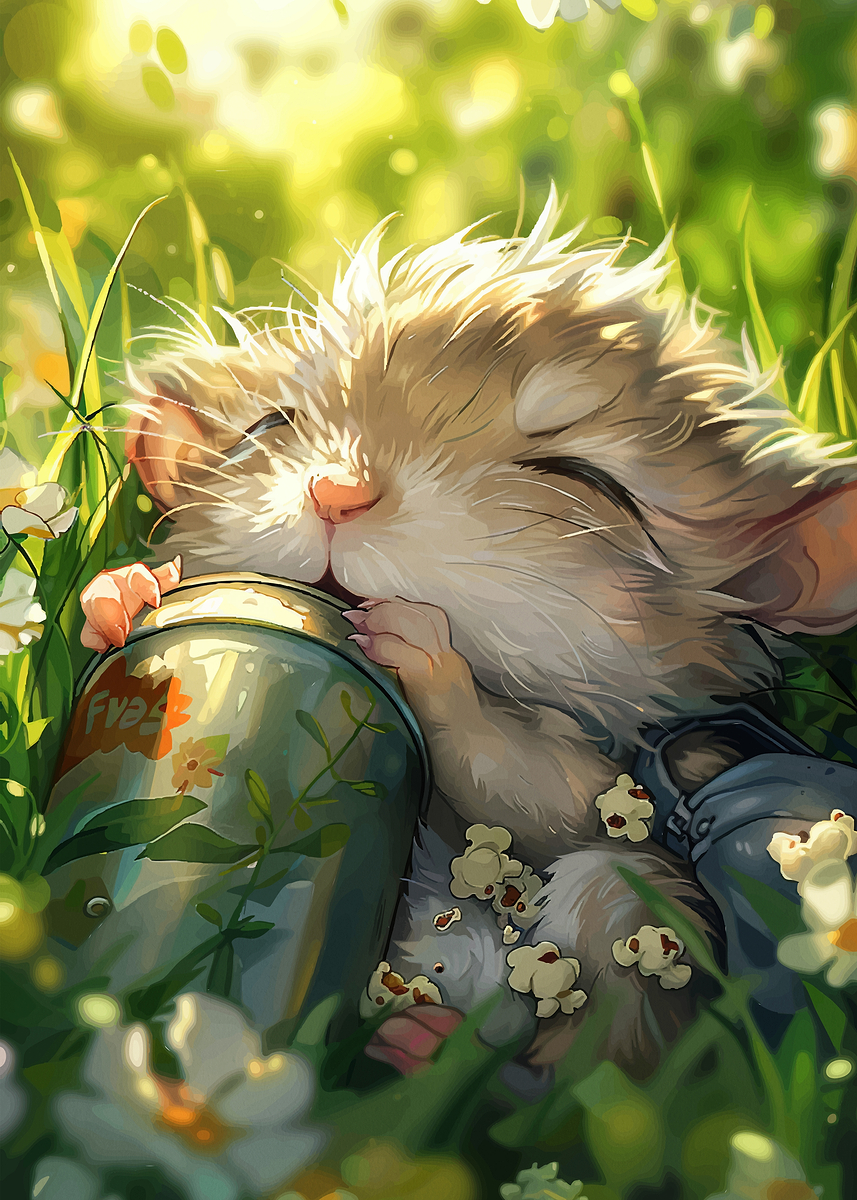 'Cute Hamster Sleeping in Grass with Popcorn' Poster, picture, metal ...