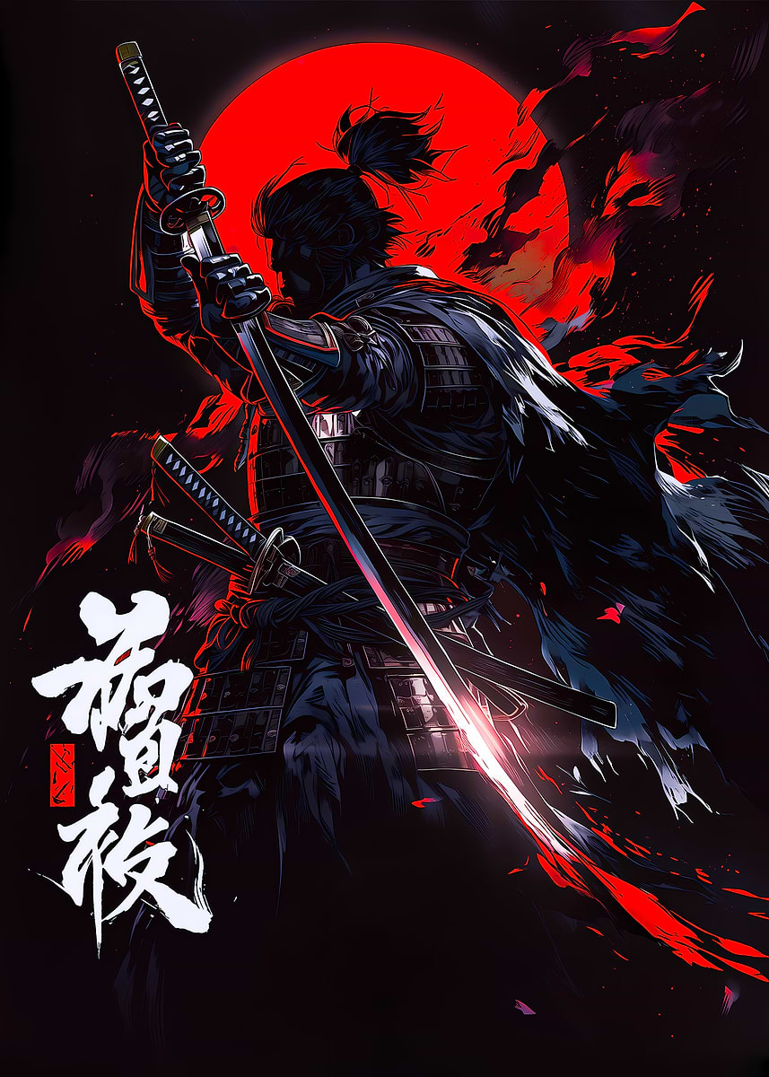 'Samurai Warrior Under a Red Sun' Poster, picture, metal print, paint ...