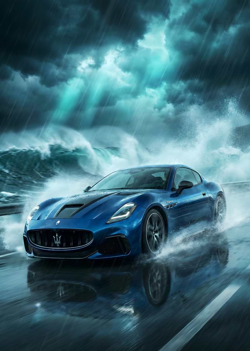 'Blue Maserati GranTurismo Folgore Driving Through Stormy Waves' Poster ...
