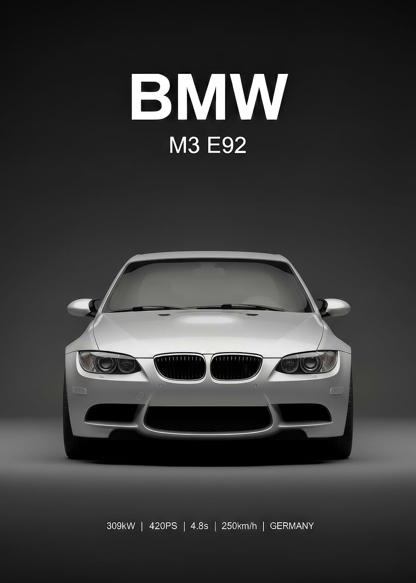 'silver BMW M3 E92 Front View' Poster, picture, metal print, paint by ...
