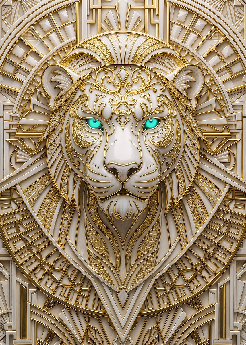 'Majestic White Lion with Gold Art Deco Geometry – Luxury Animal Wall ...