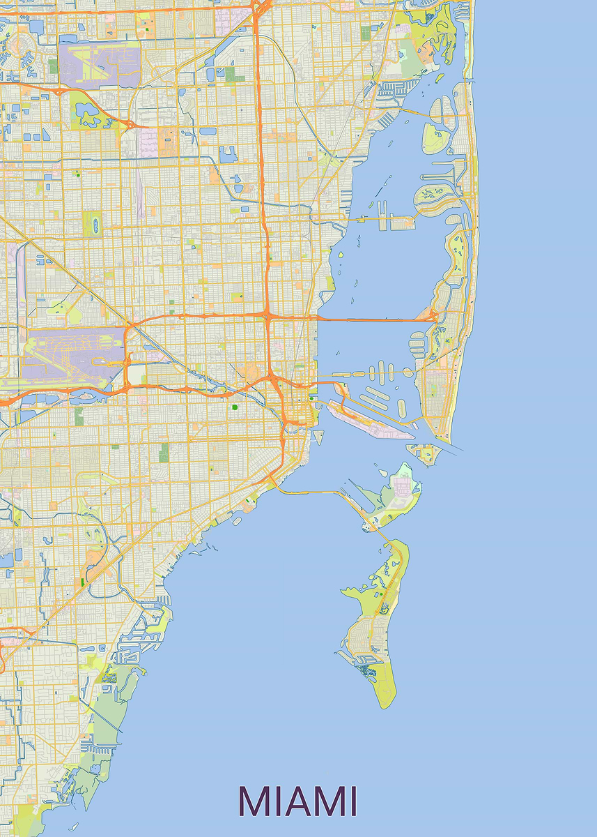 'Miami City Map' Poster, picture, metal print, paint by Sam Kal | Displate