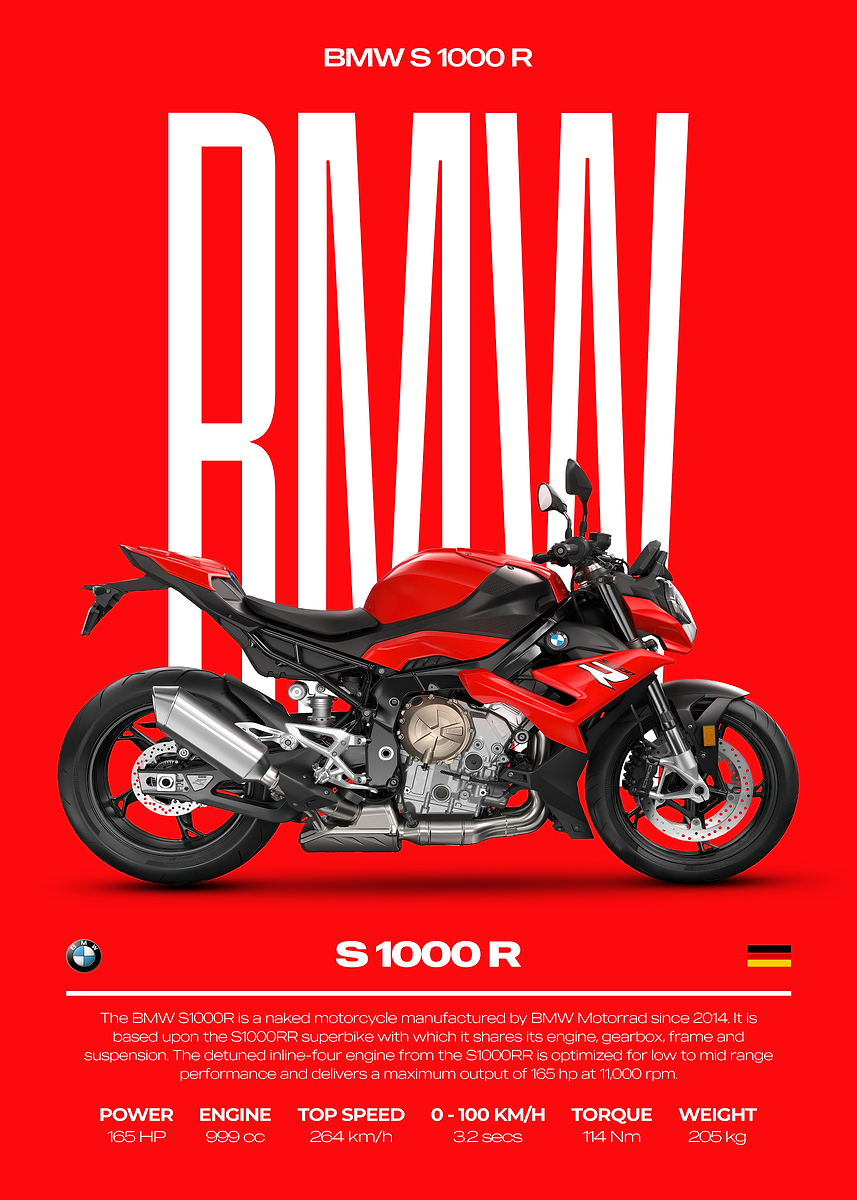 'BMW S 1000 R Motorcycle Poster' Poster, picture, metal print, paint by ...