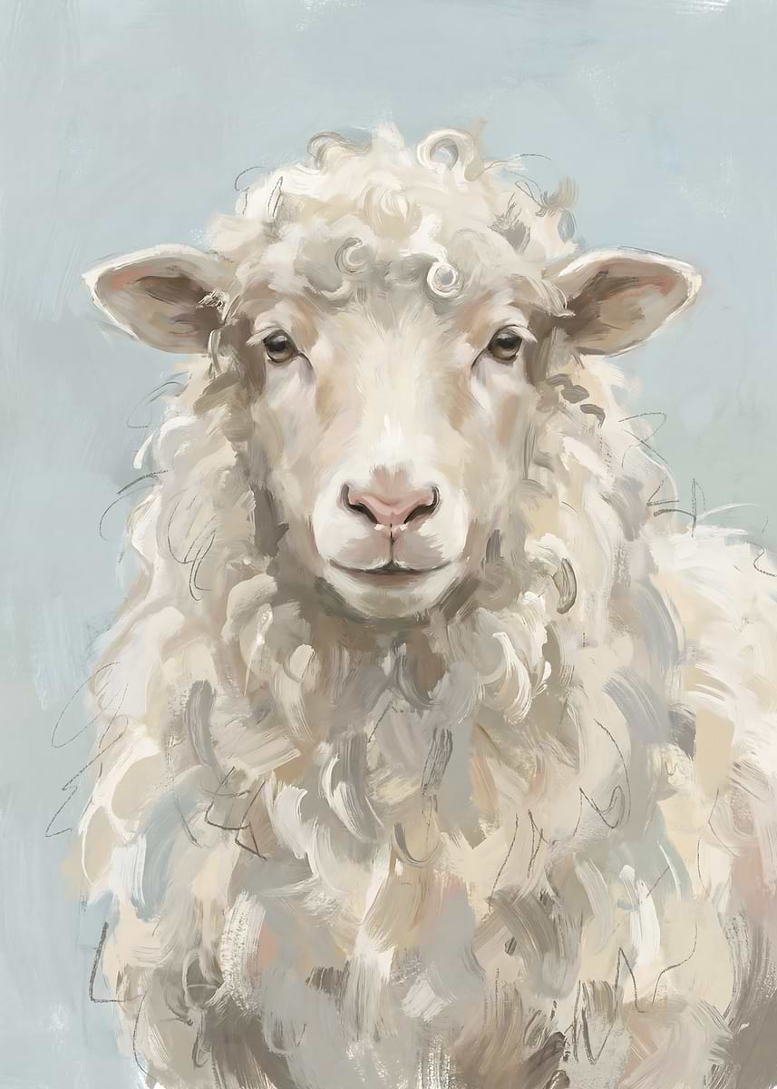 'Fluffy Sheep on Pale Blue' Poster, picture, metal print, paint by ...