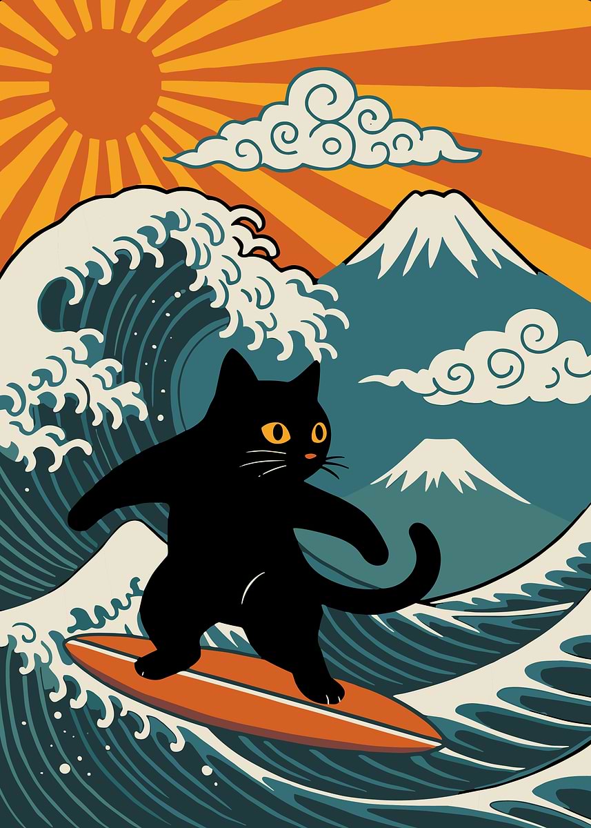 'Surfing Cat Japanese Wave Poster, Hokusai Style Cat Art, Mount Fuji ...