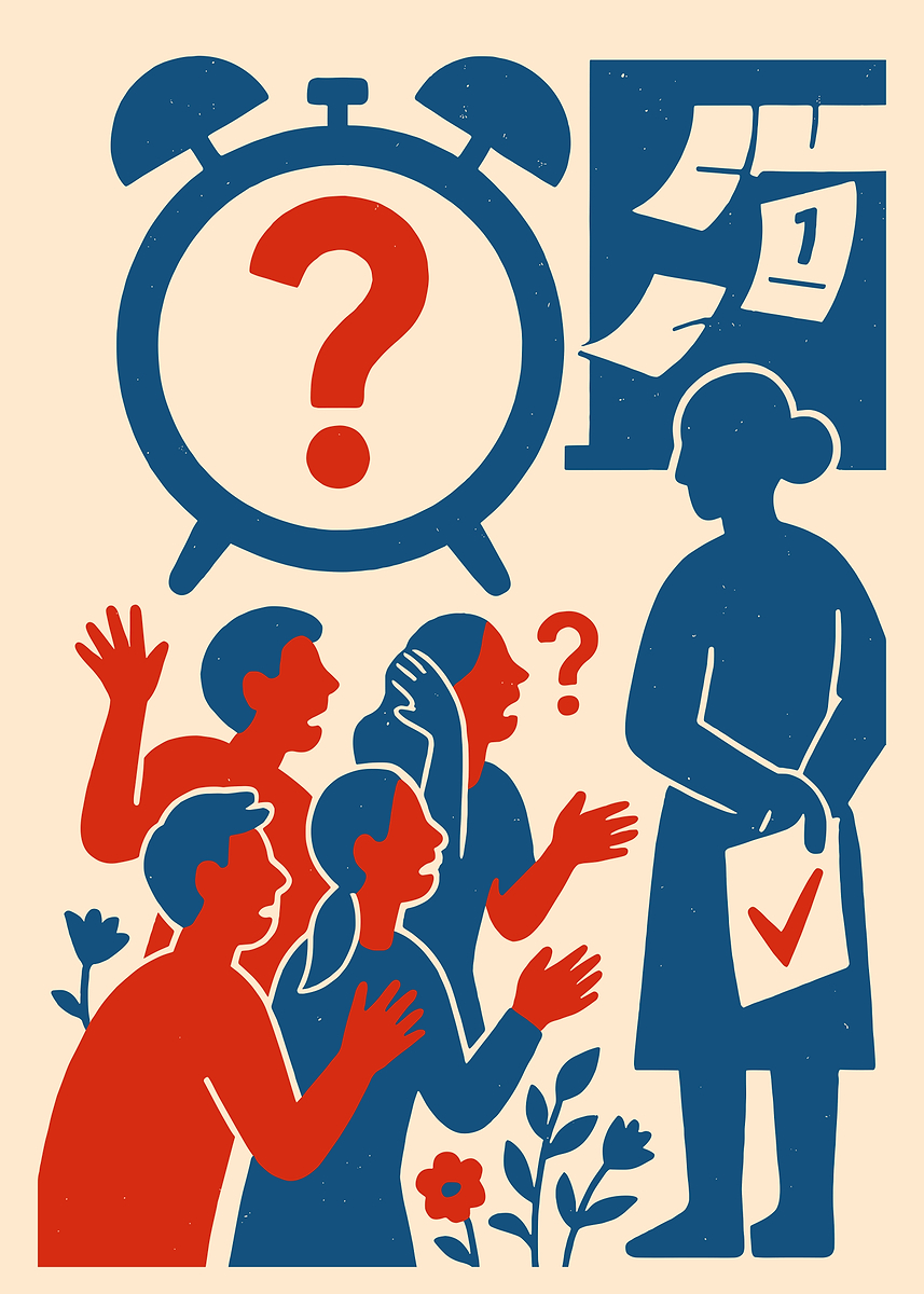 'Confused crowd facing a teacher with a checklist' Poster, picture ...