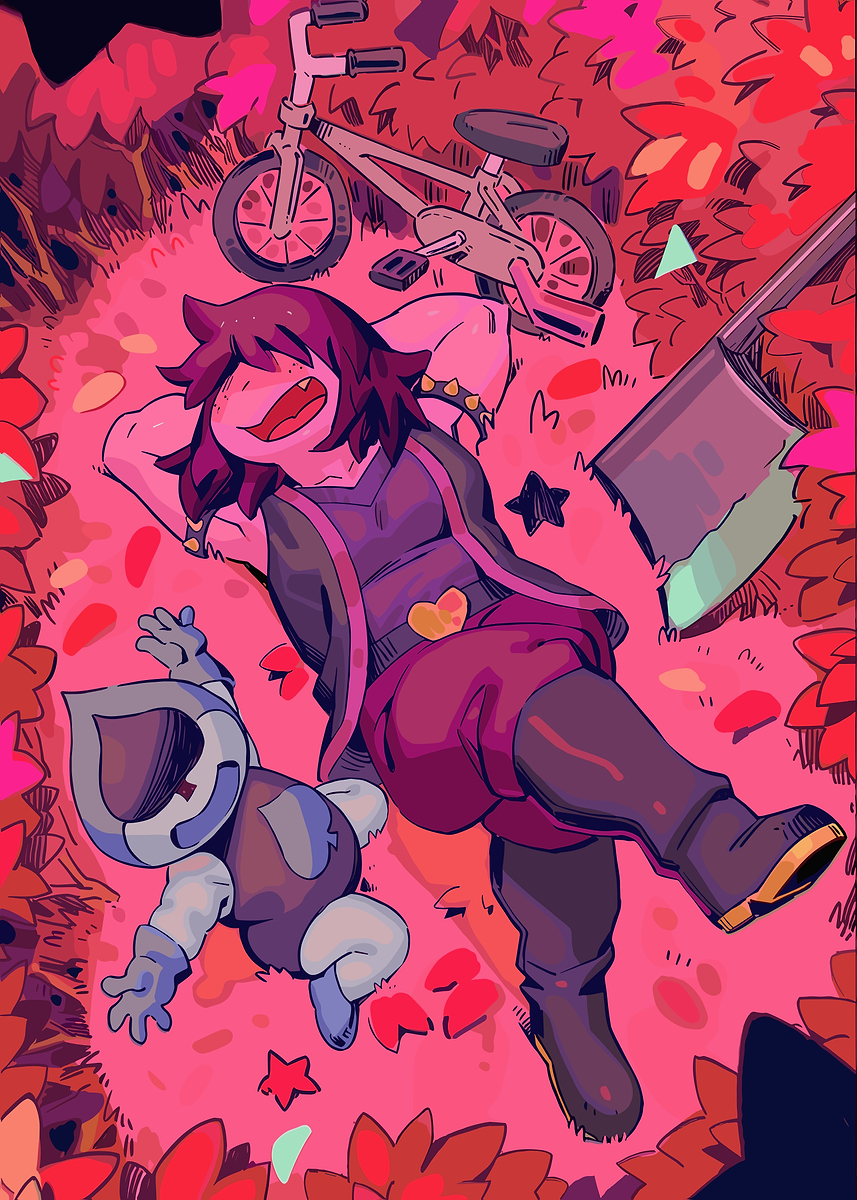 'Deltarune Susie and Lancer relaxing with a bike' Poster, picture ...