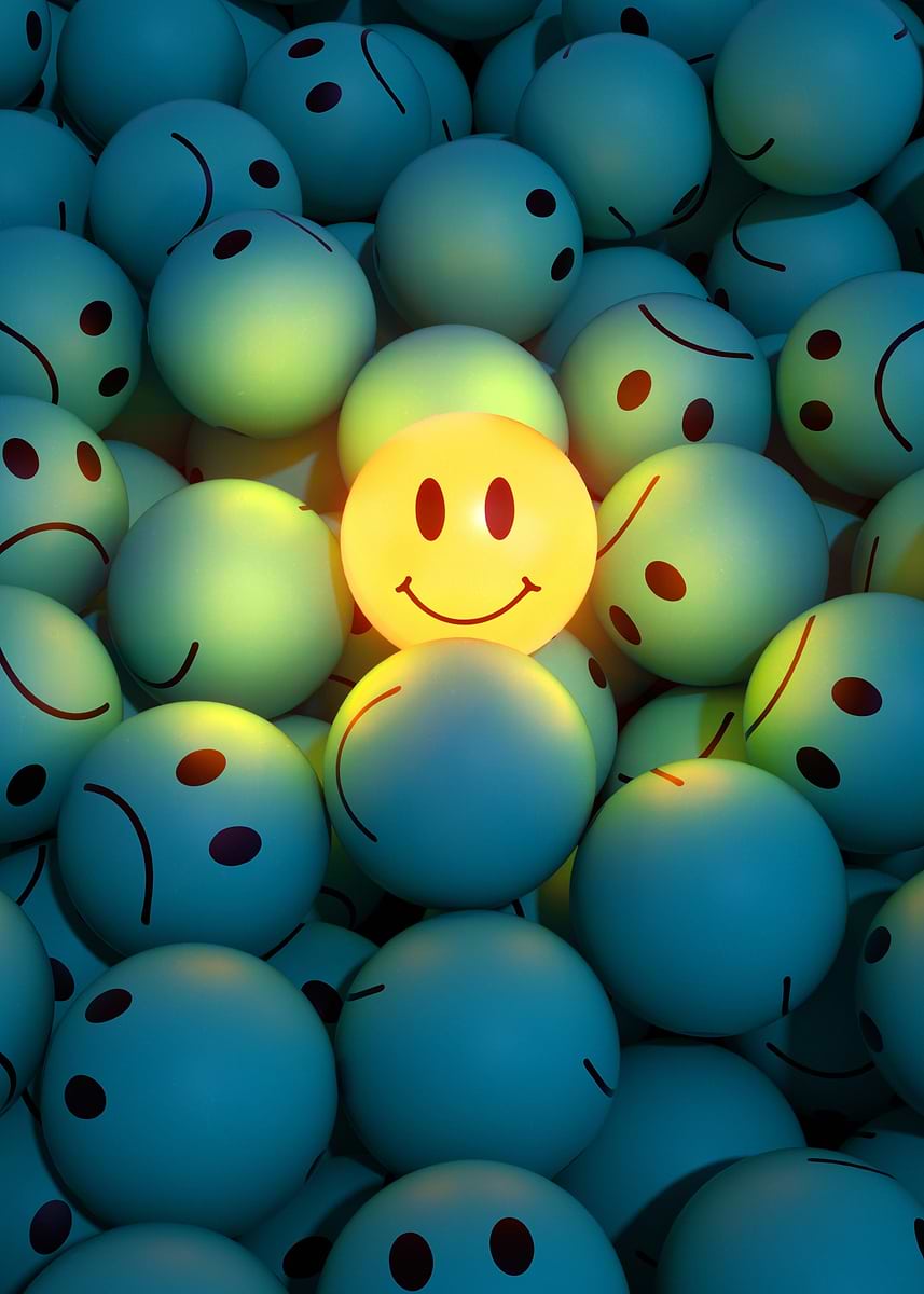 'Happy Smiley Face Among Sad Faces' Poster, picture, metal print, paint ...