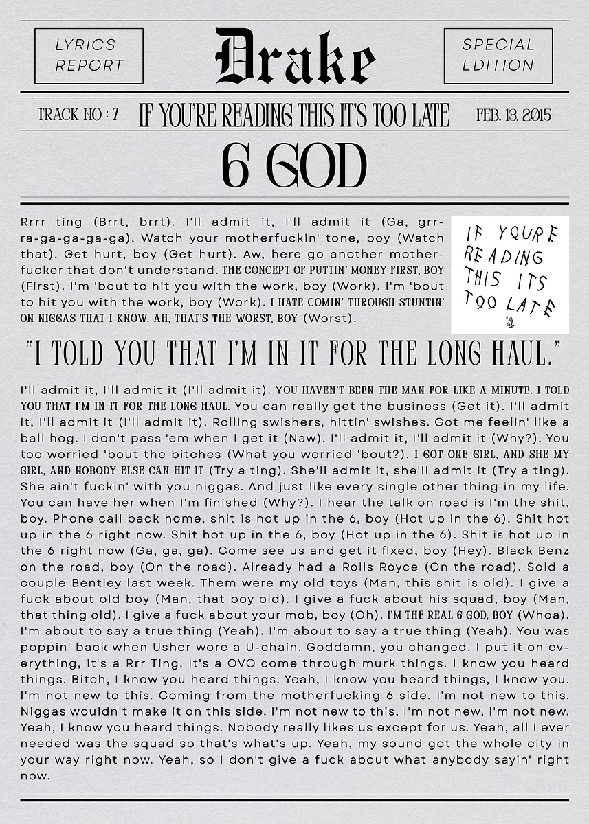 'Drake 6 God Newspaper Lyrics' Poster, picture, metal print, paint by ...