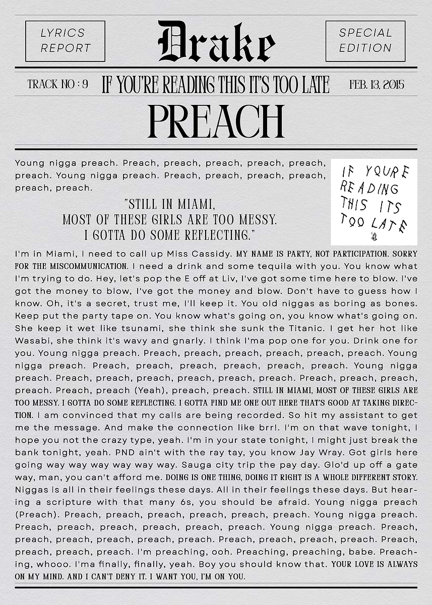 'Drake's 'Preach' Lyrics Newspaper' Poster, picture, metal print, paint ...
