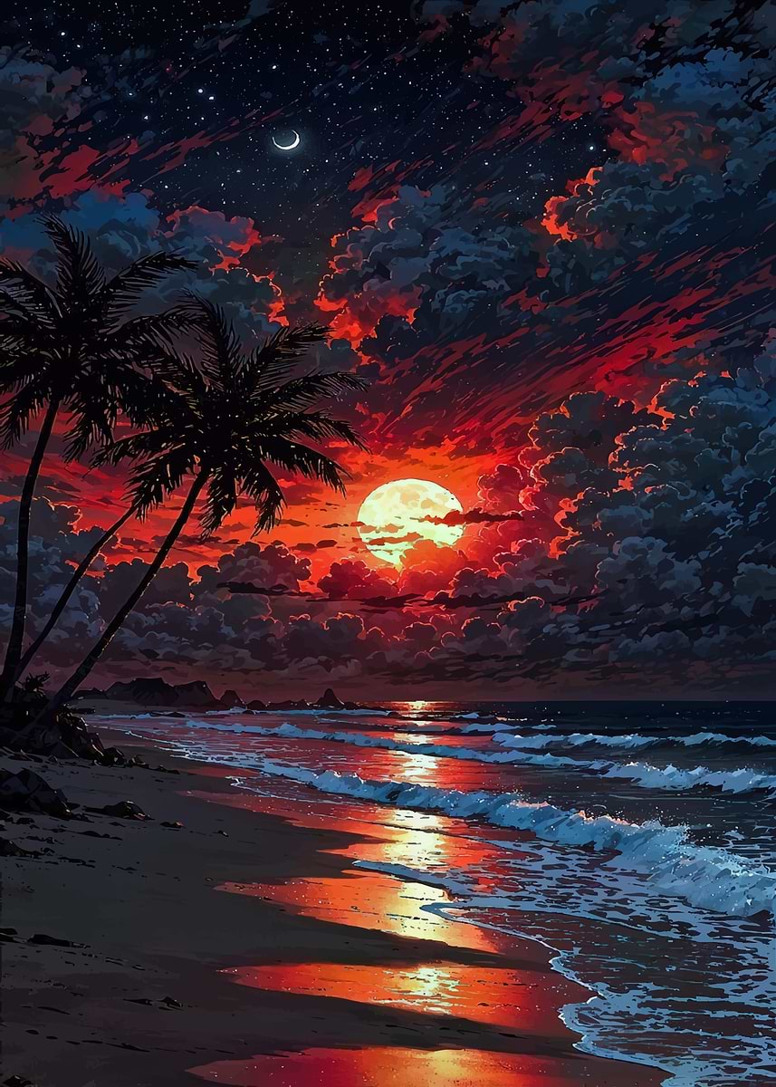 'Tropical Beach Sunset with Moon' Poster, picture, metal print, paint ...