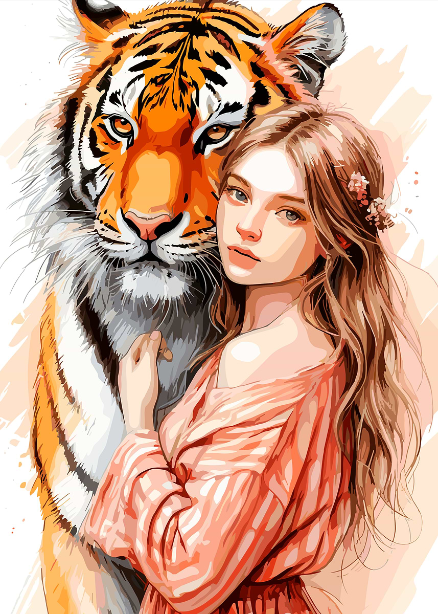 'Woman and Tiger Portrait' Poster, picture, metal print, paint by panji ...