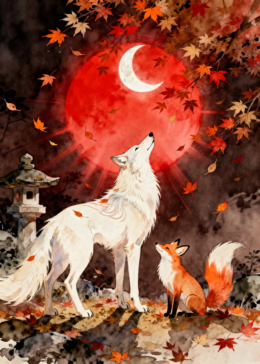 'Wolf and Fox under Red Moon' Poster, picture, metal print, paint by ...