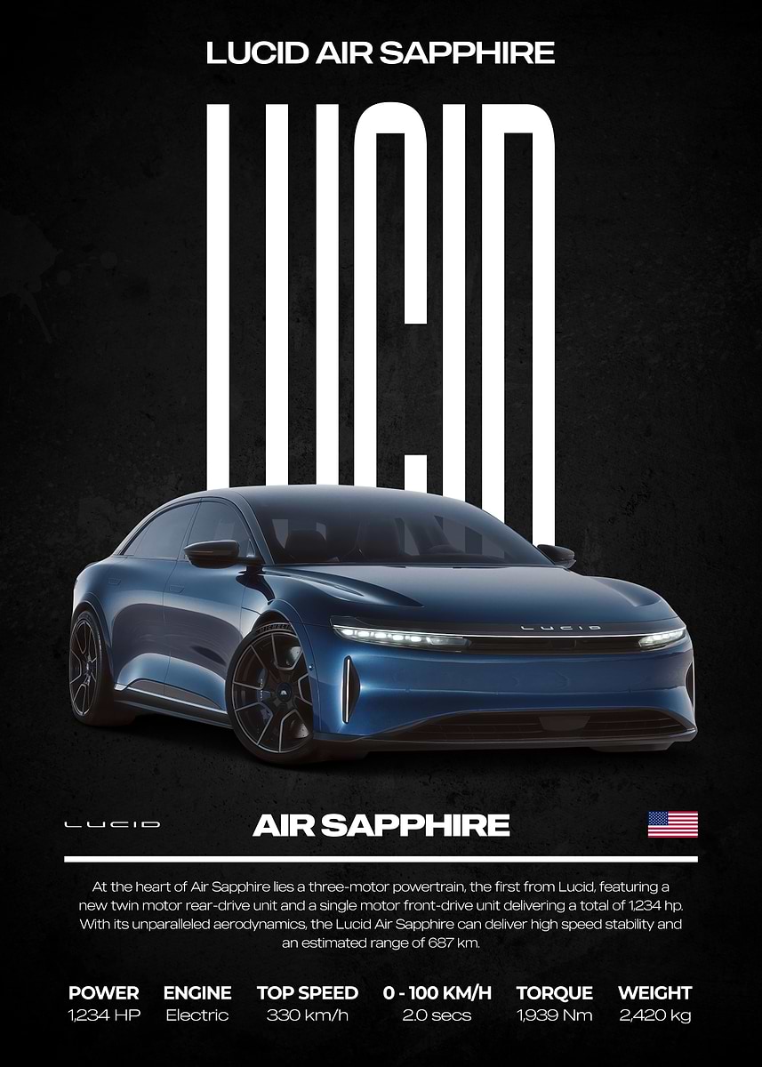 'Lucid Air Sapphire Electric Car' Poster, picture, metal print, paint ...