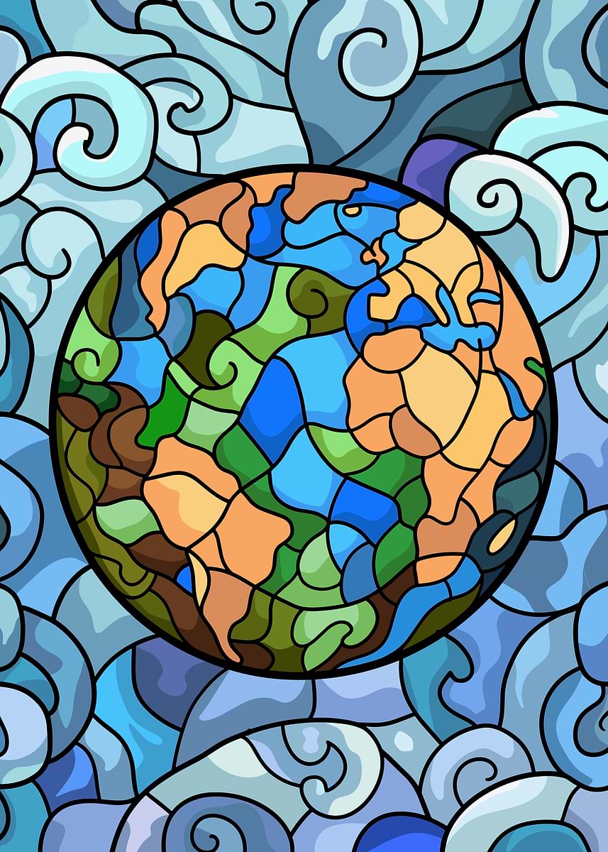 'Stained Glass Earth with Swirling Waves' Poster, picture, metal print ...