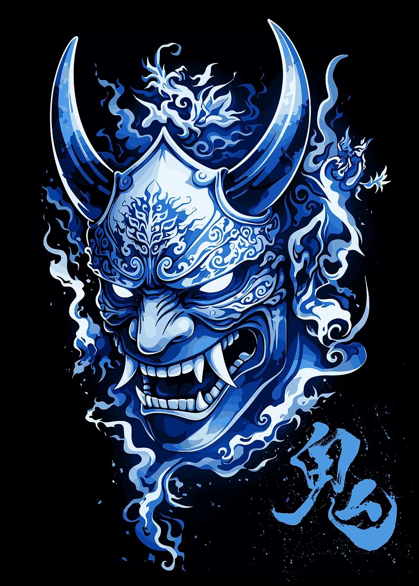 'Blue Oni Mask with Flames' Poster, picture, metal print, paint by ...