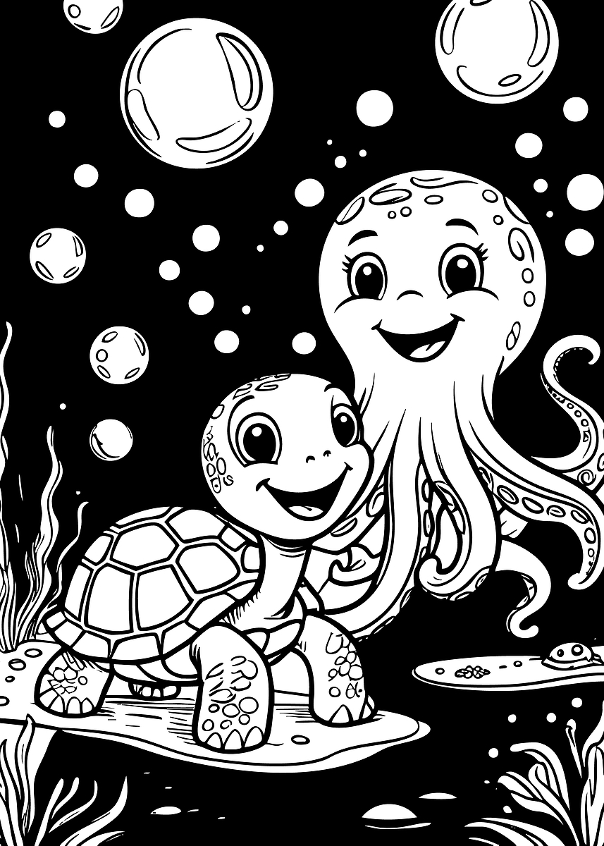 'Cute Turtle and Octopus Underwater' Poster, picture, metal print ...