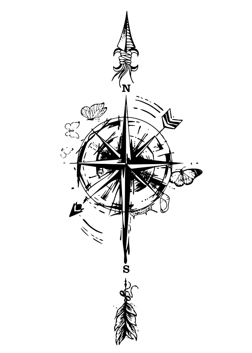 'Compass with Butterflies and Feather' Poster, picture, metal print ...