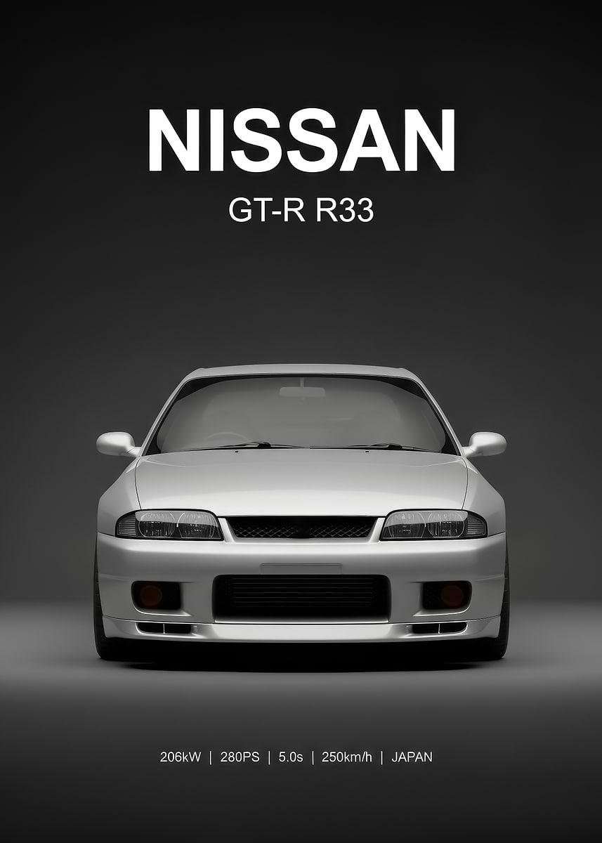 'silver Nissan GTR R33 Poster' Poster, picture, metal print, paint by ...