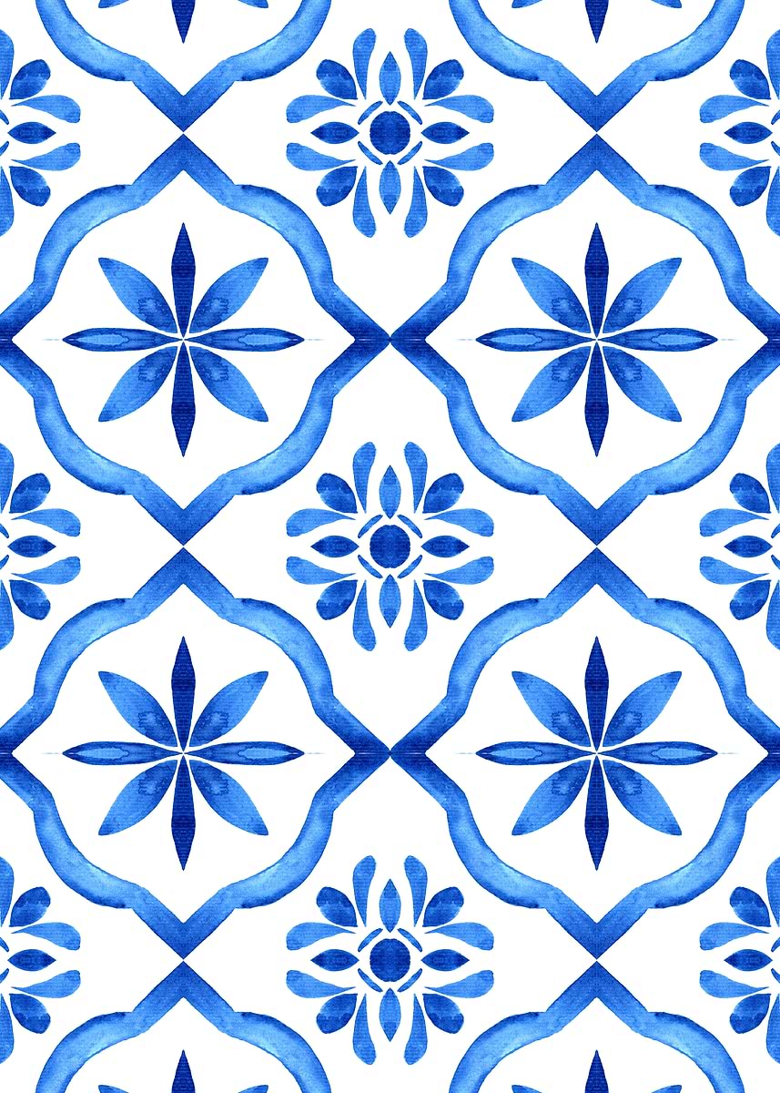 'Blue and White Watercolor Floral Tile Pattern' Poster, picture, metal ...