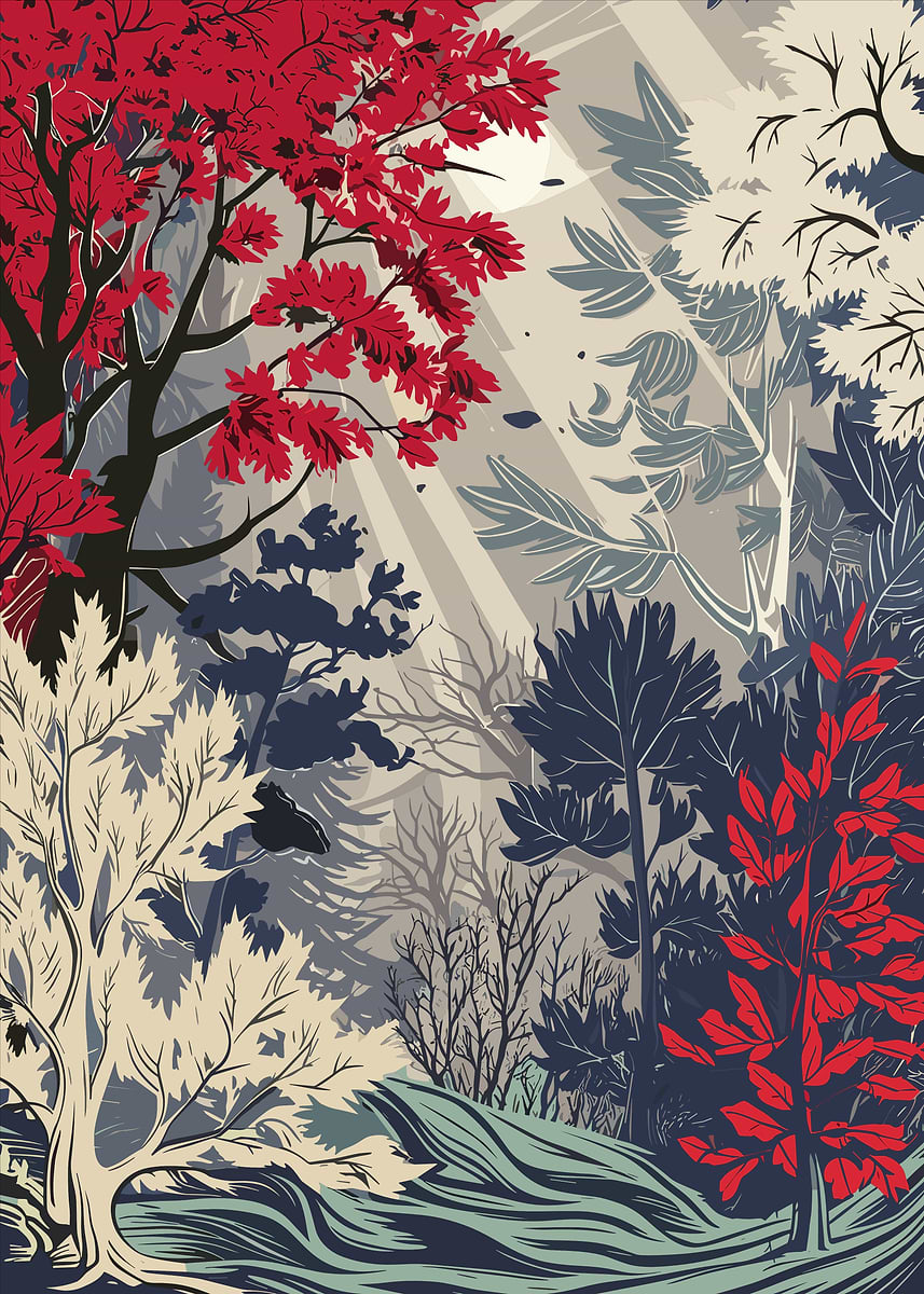 'Stylized Forest with Red and Blue Foliage' Poster, picture, metal ...