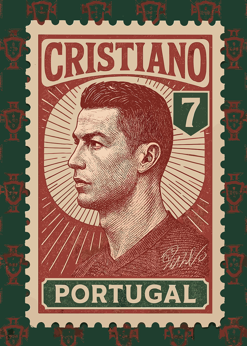 'Cristiano Ronaldo Portugal Poster, Vintage Stamp Style Football Art ...
