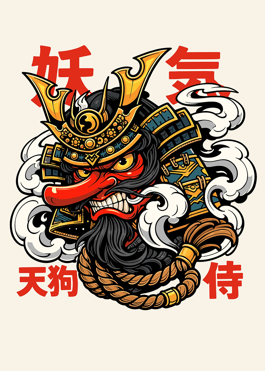 'Samurai Tengu Mask with Japanese Text' Poster, picture, metal print ...