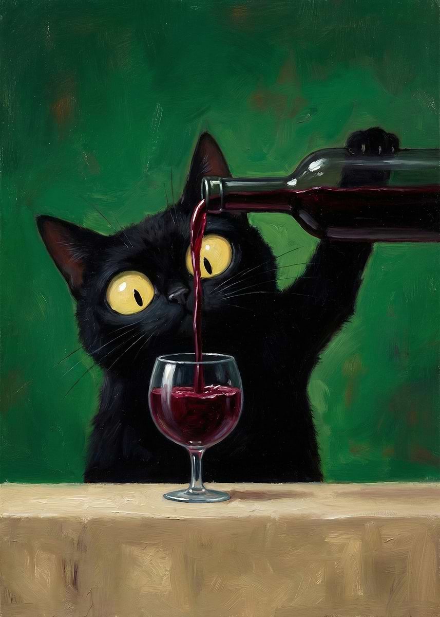 'Black Cat Pouring Wine' Poster, picture, metal print, paint by Max ...