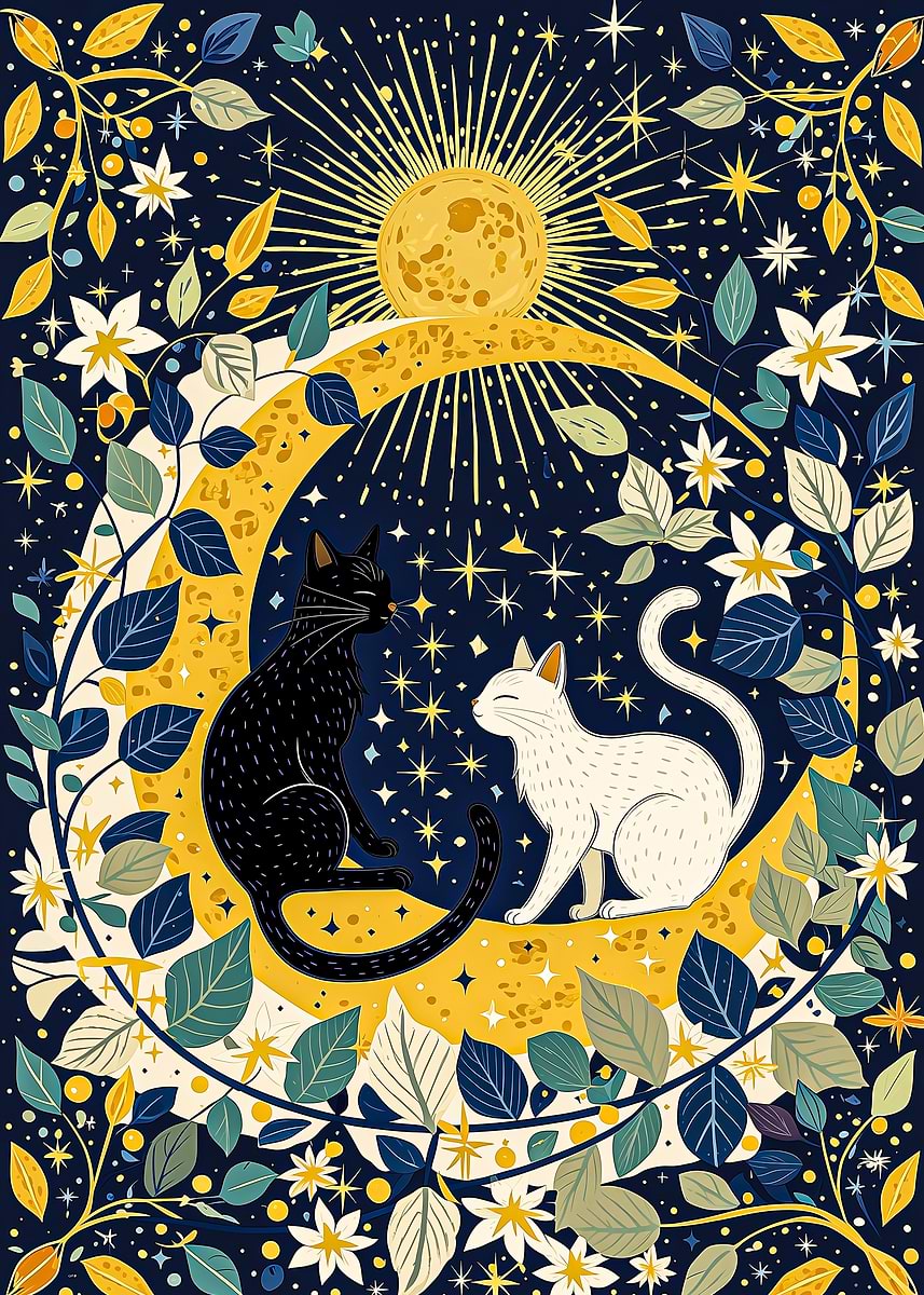 'Celestial Cats on Crescent Moon' Poster, picture, metal print, paint ...