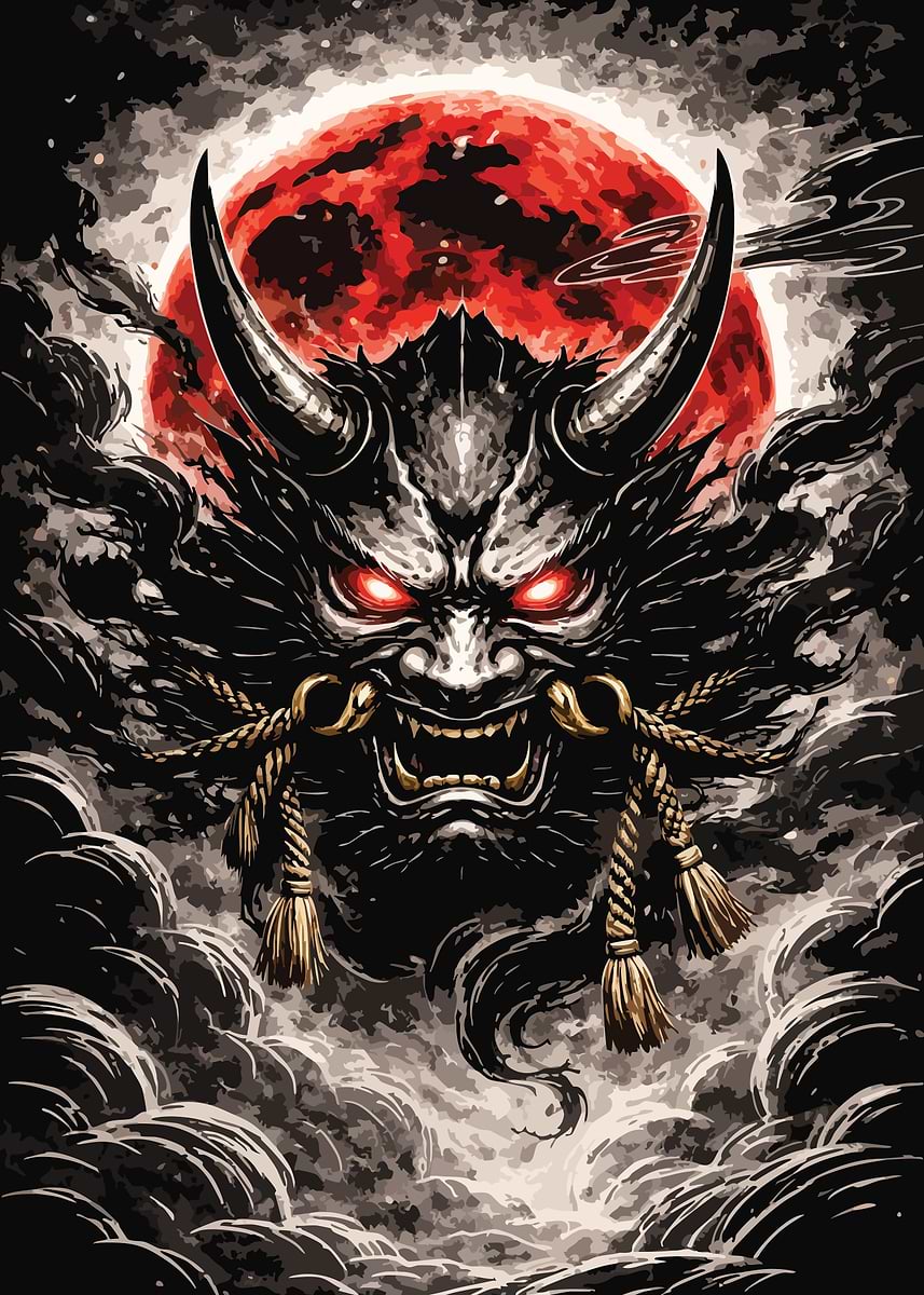 'Demonic Oni Mask with Red Moon' Poster, picture, metal print, paint by ...