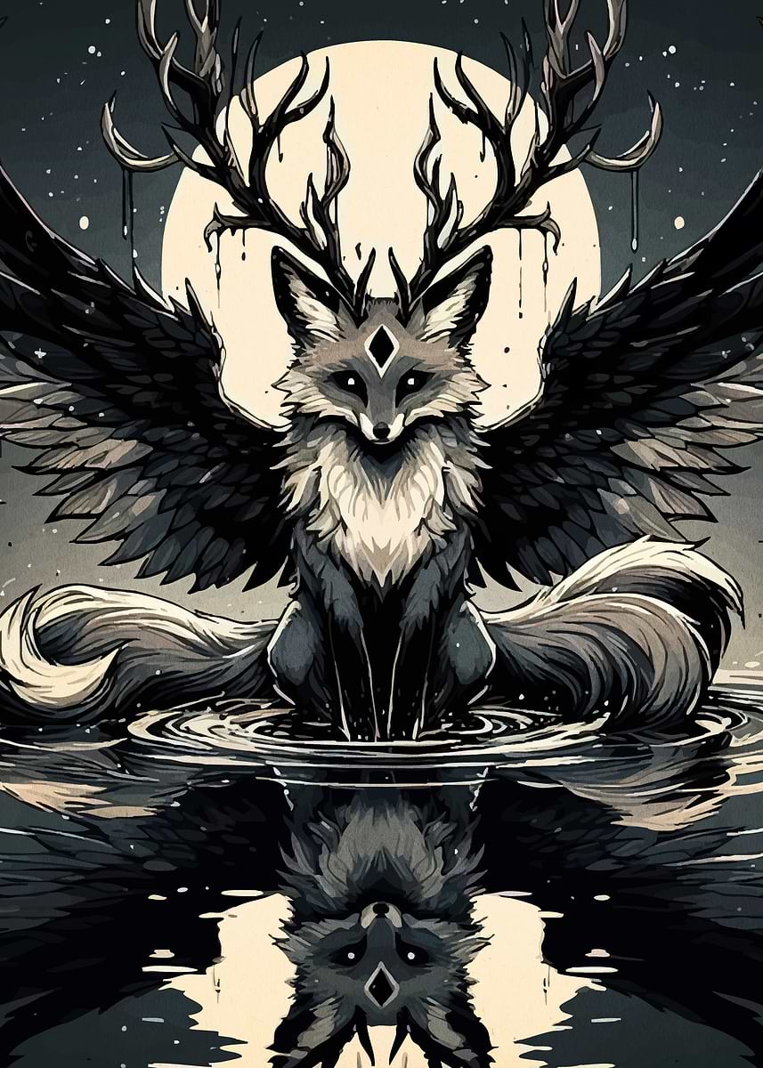 'Mythical Winged Fox with Antlers' Poster, picture, metal print, paint ...