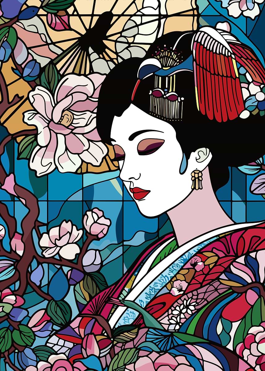 'Geisha in Stained Glass Style' Poster, picture, metal print, paint by ...