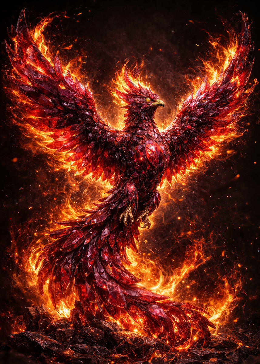 'Fiery Ruby Phoenix Rising' Poster, picture, metal print, paint by ...