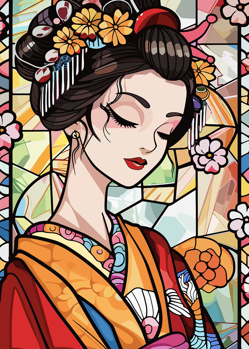 'Geisha in Stained Glass Style' Poster, picture, metal print, paint by ...