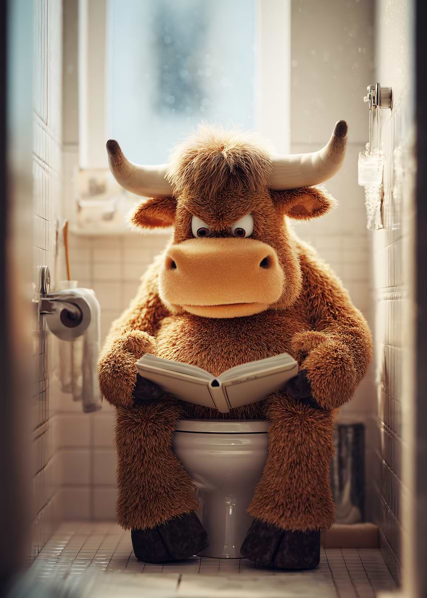 'Furry Bull Reading on Toilet' Poster, picture, metal print, paint by ...