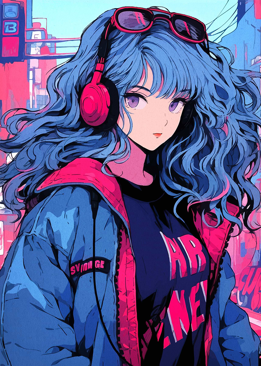'Anime Girl with Blue Hair and Headphones' Poster, picture, metal print ...