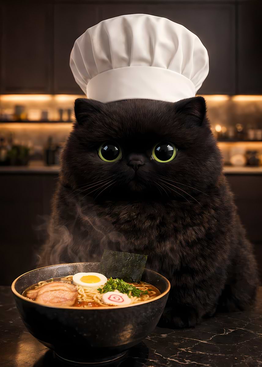 'Chubby Black Cat Chef in Luxury Kitchen with Ramen 3D' Poster, picture ...