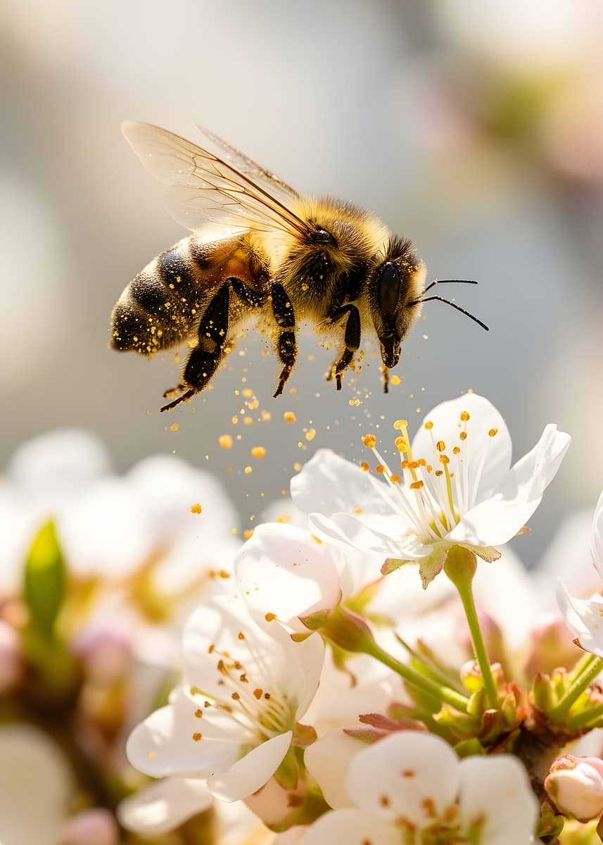 'Bee collecting pollen from a flower' Poster, picture, metal print ...
