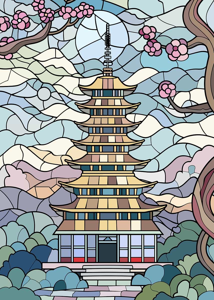 'Stained Glass Pagoda and Cherry Blossoms' Poster, picture, metal print ...