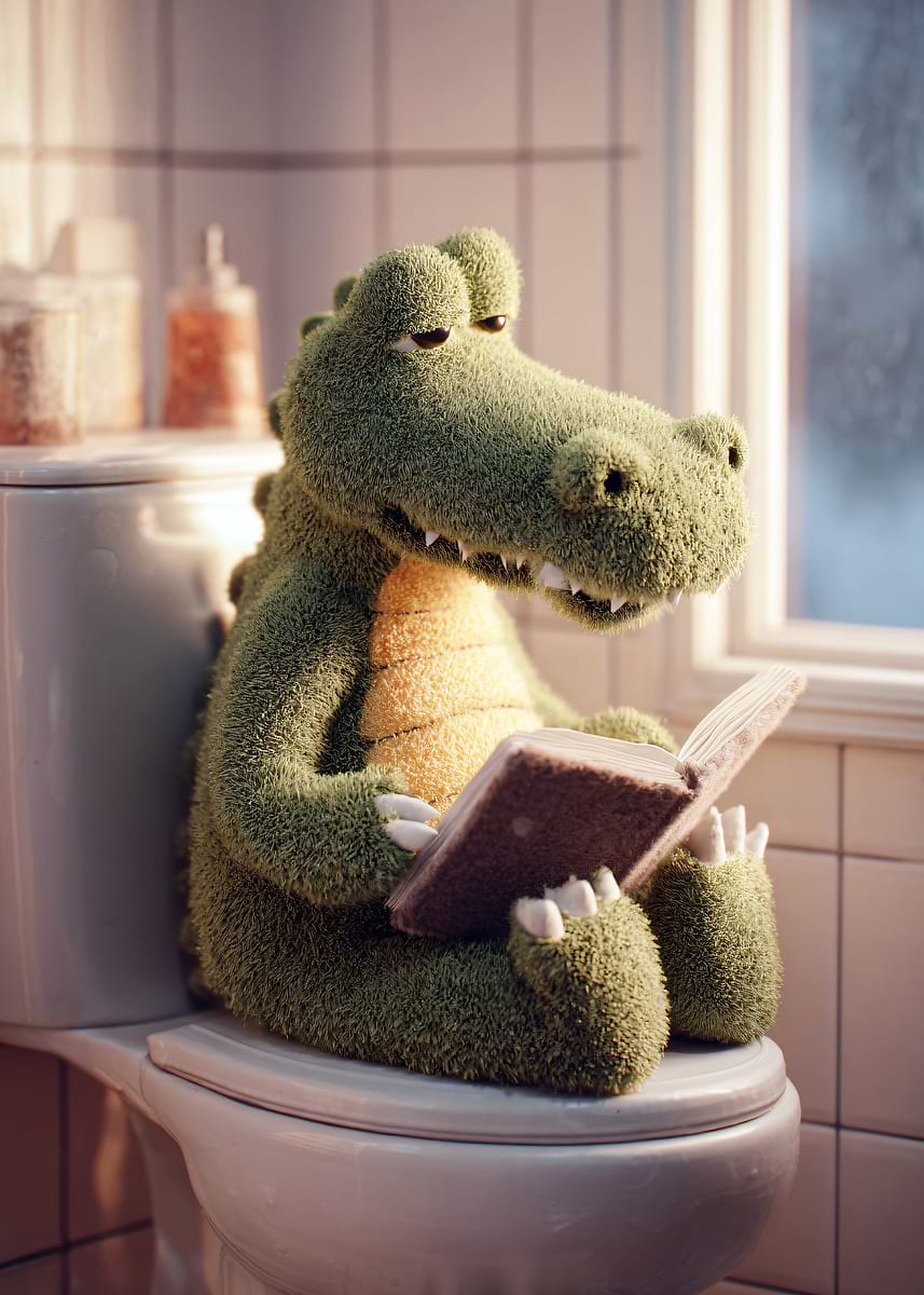 'Plush Alligator Reading on Toilet' Poster, picture, metal print, paint ...