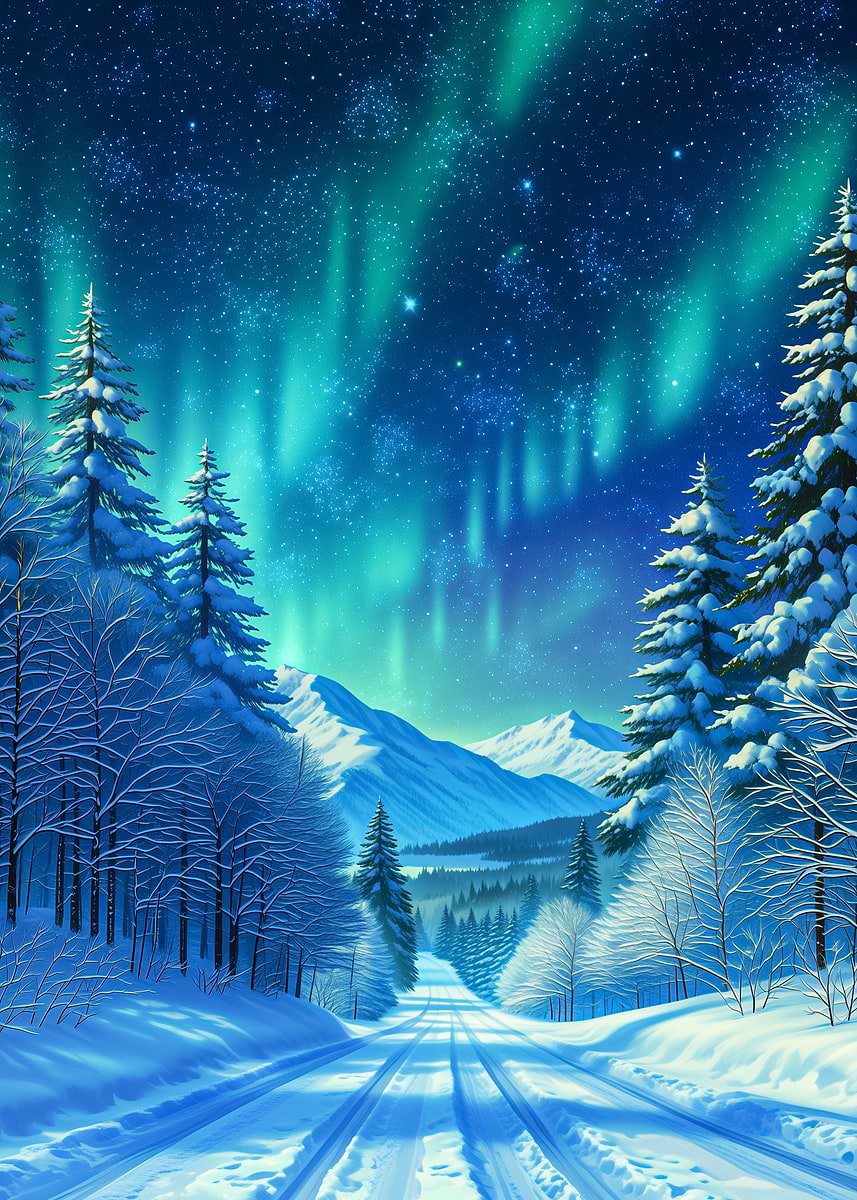 'Winter Aurora Road' Poster, picture, metal print, paint by PERMADI ...