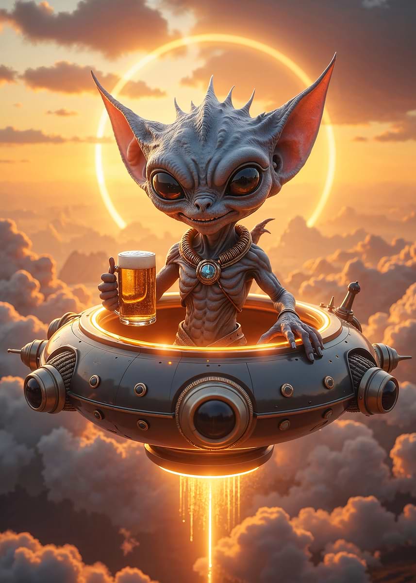 'Alien with Beer in UFO' Poster, picture, metal print, paint by ...