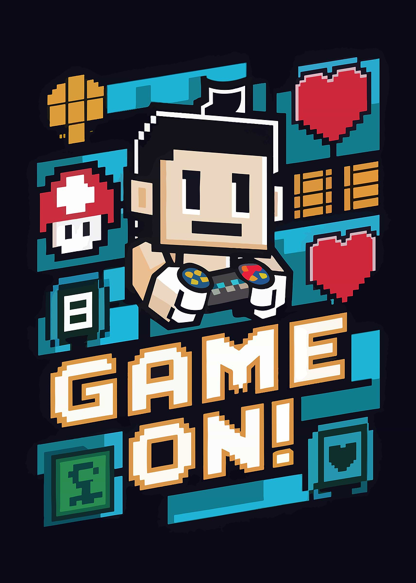 'Pixelated Gamer with 'Game On!'' Poster, picture, metal print, paint ...