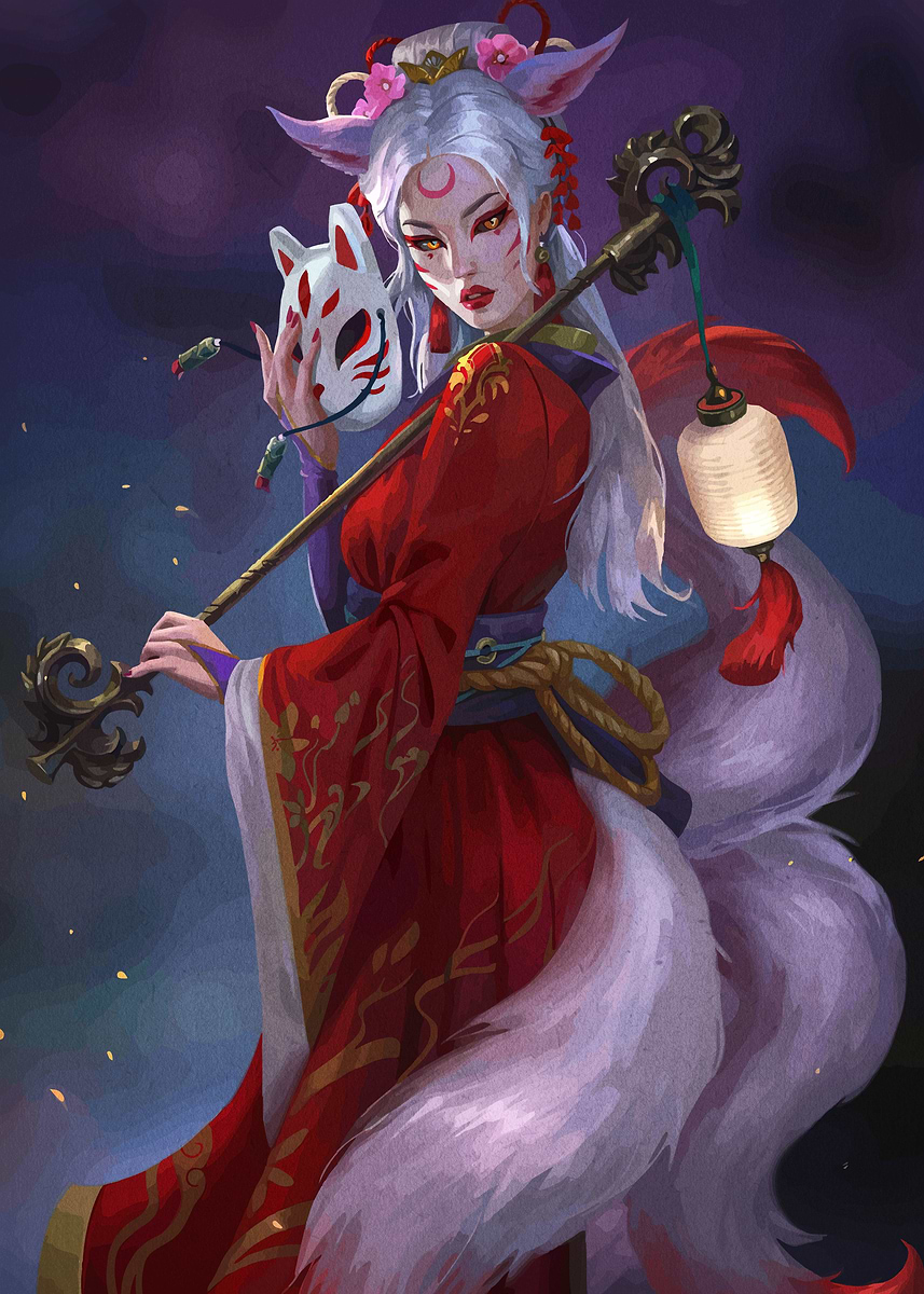 'Kitsune Woman with Mask and Lantern' Poster, picture, metal print ...