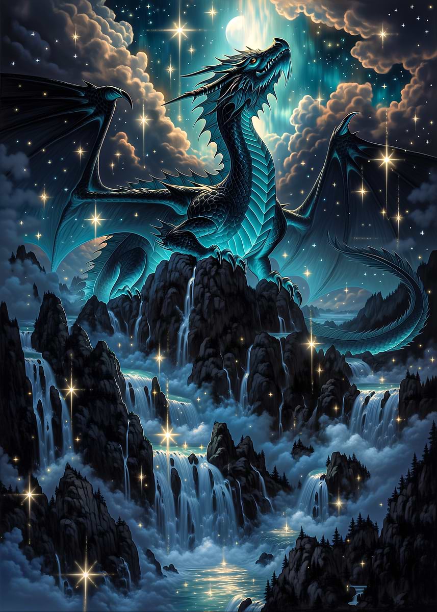 'Dragon Over Waterfalls Under Starry Sky' Poster, picture, metal print ...