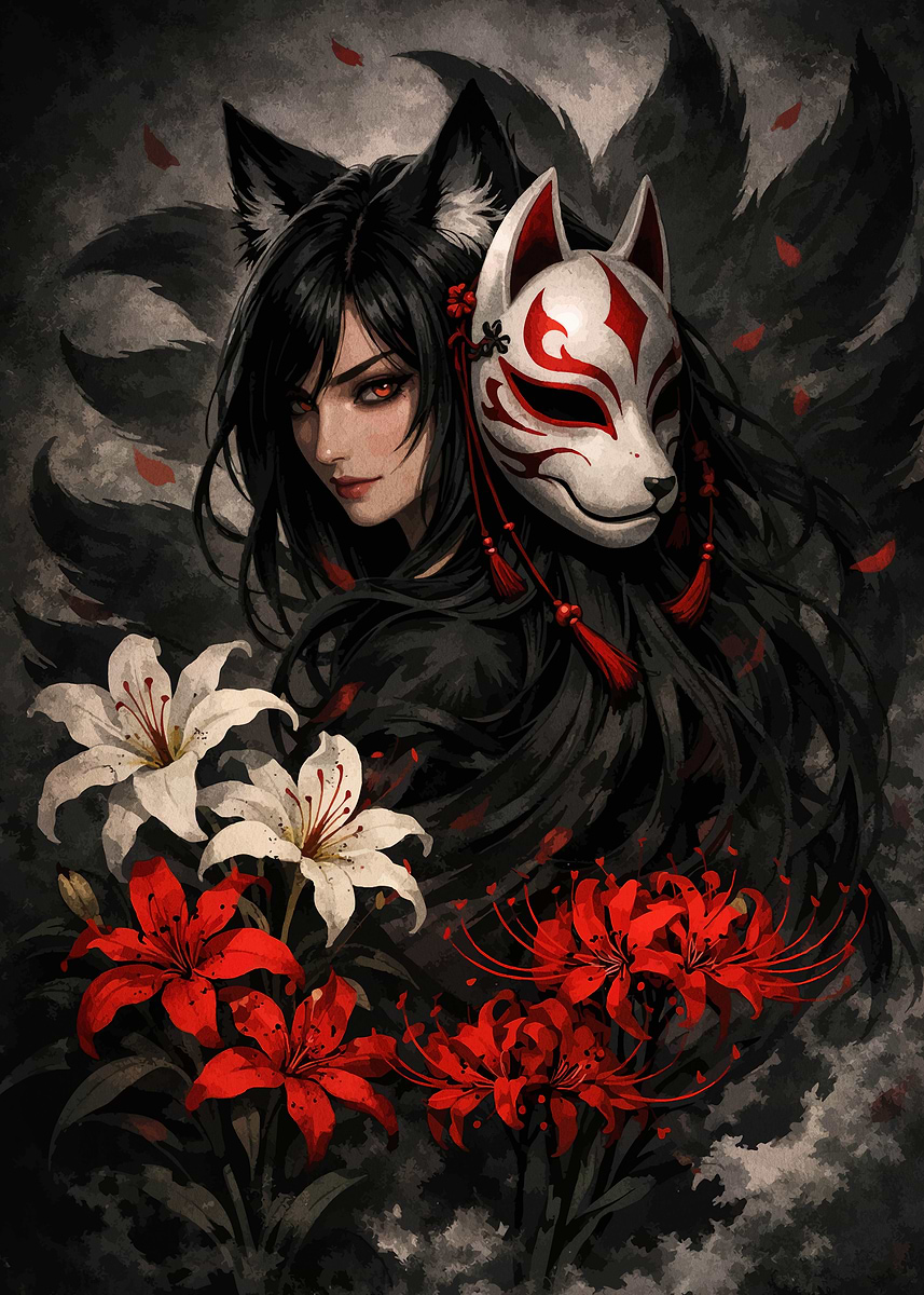 'Kitsune Woman with Flowers' Poster, picture, metal print, paint by ...