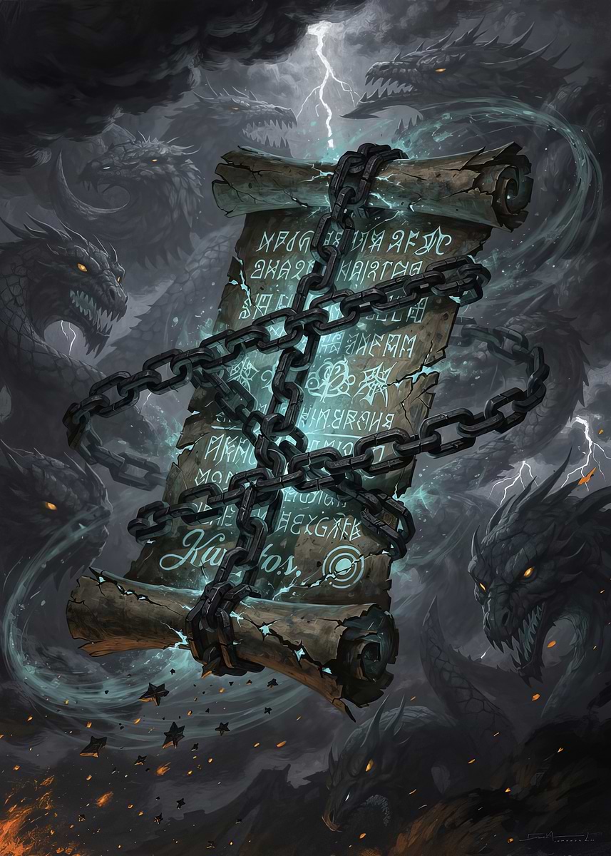 'Chained Scroll with Dragons and Lightning' Poster, picture, metal ...