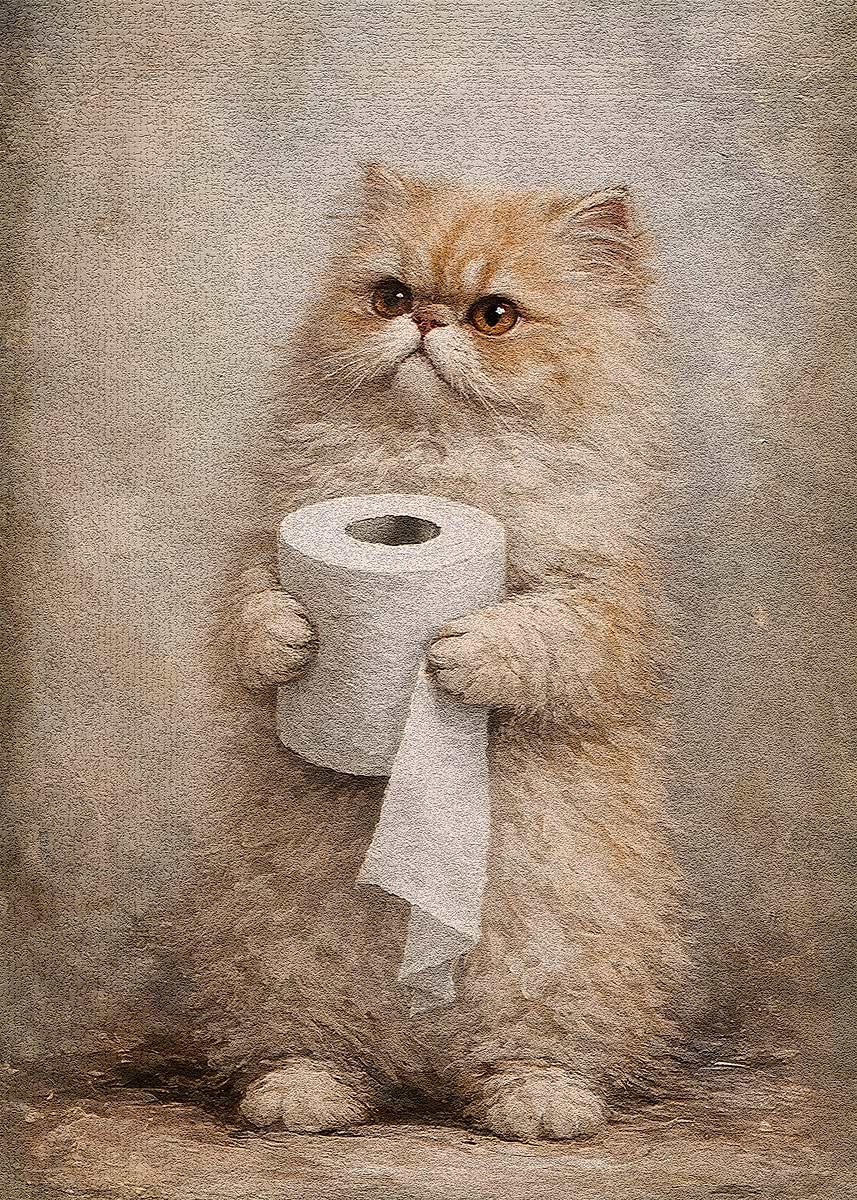 'Persian Cat Holding Toilet Paper' Poster, picture, metal print, paint ...