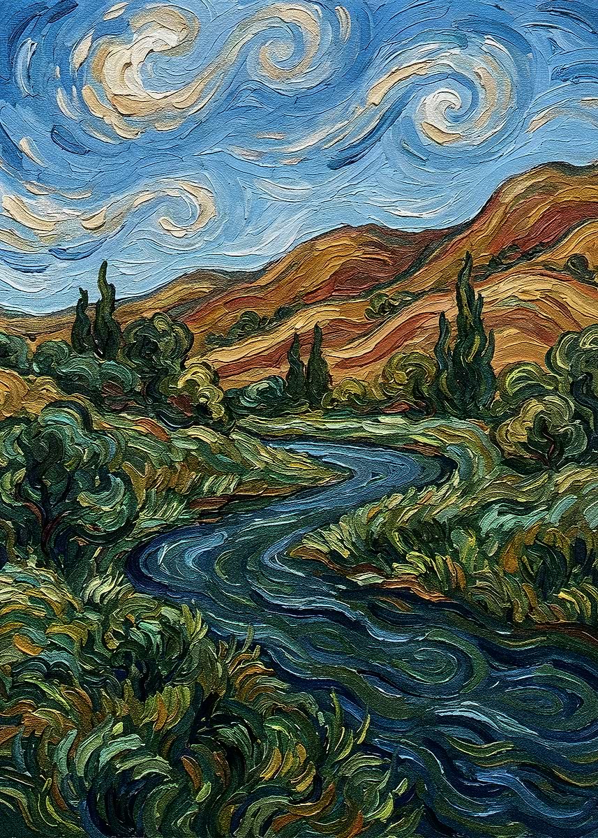 'Impressionist Landscape with River and Mountains' Poster, picture ...